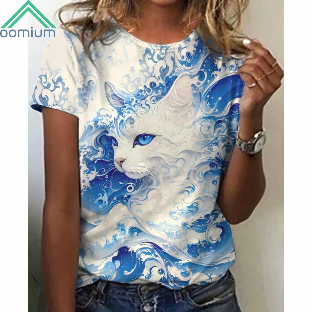 Women's Blue Wave Cat Print Shirt - oomium.com